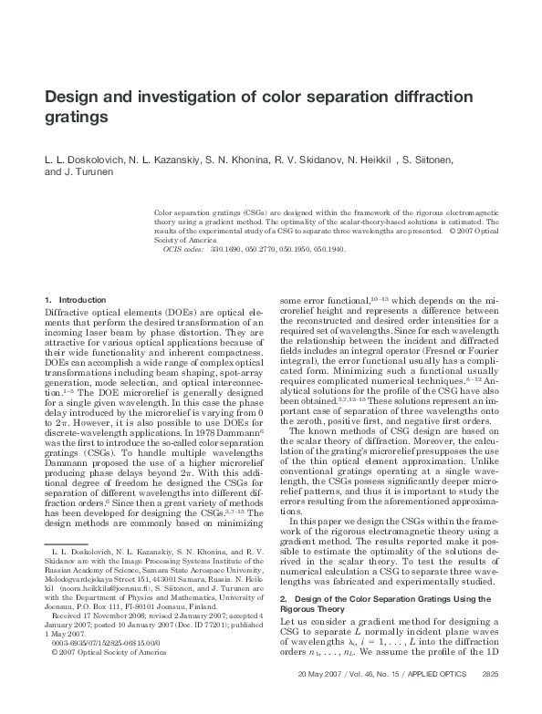 (PDF) Design and investigation of color separation diffraction gratings