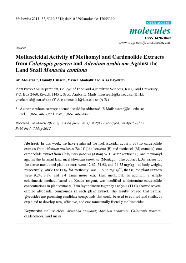 (PDF) Molluscicidal Activity of Methomyl and Cardenolide Extracts from ...