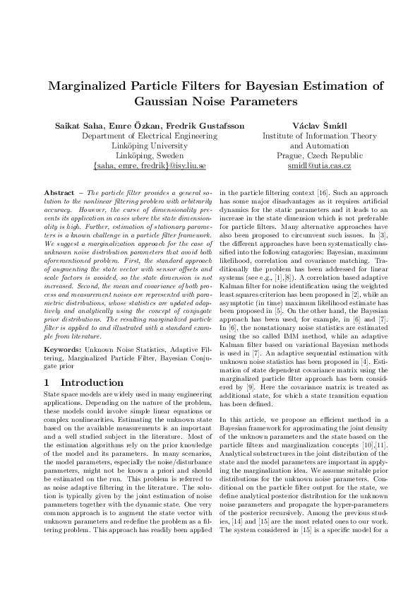 Pdf Marginalized Particle Filters For Bayesian Estimation Of Gaussian Noise Parameters
