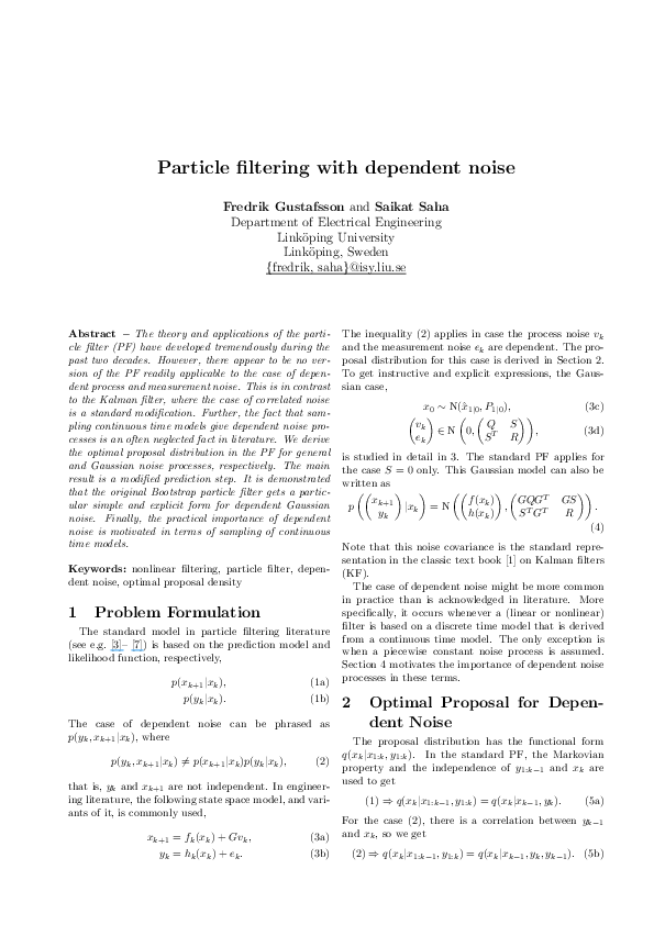 Pdf Particle Filtering With Dependent Noise