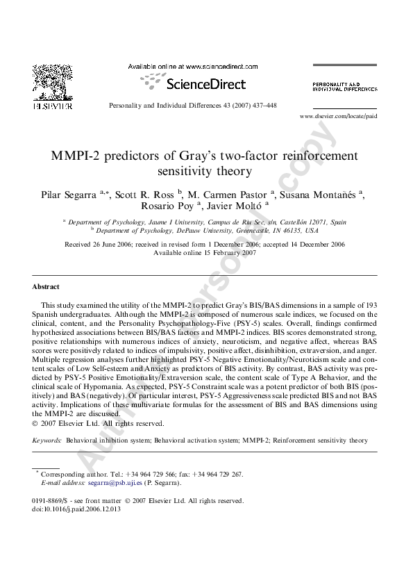 (PDF) MMPI2 predictors of Gray’s two-factor reinforcement sensitivity ...