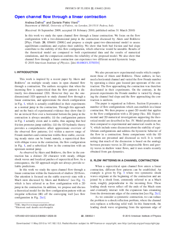 (PDF) Open channel flow through a linear contraction | andrea defina ...