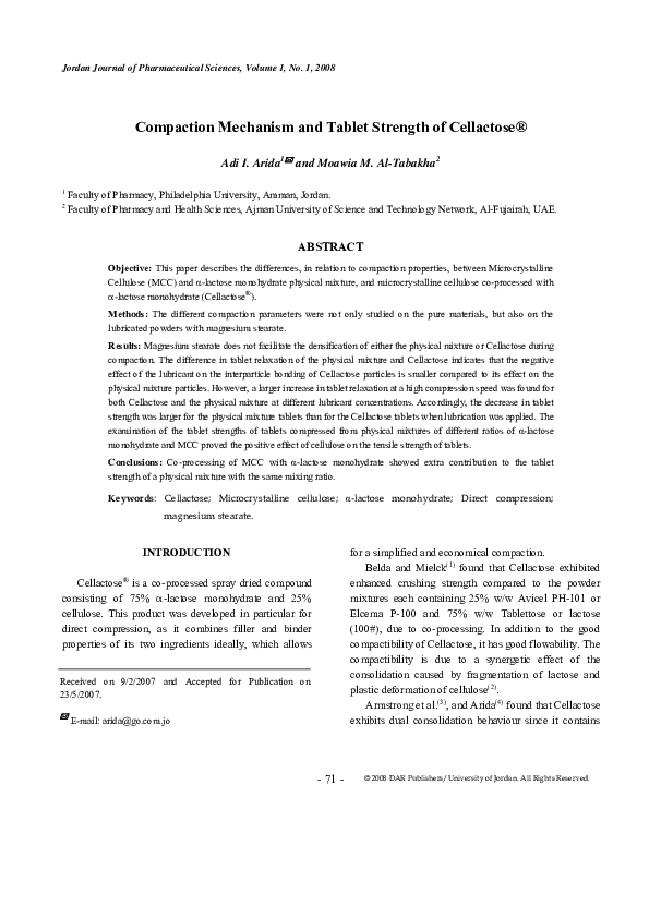 (PDF) Compaction Mechanism and Tablet Strength of Cellactose®