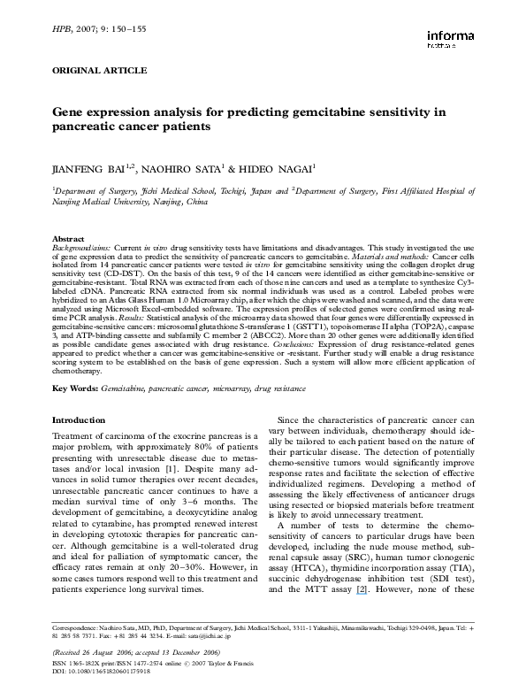 (PDF) Gene expression analysis for predicting gemcitabine sensitivity in pancreatic cancer patients