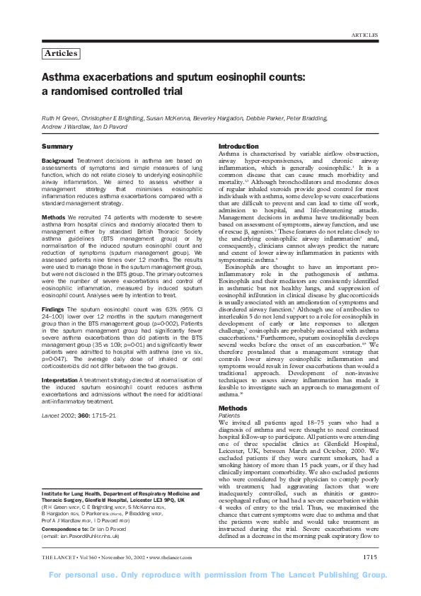 (PDF) Asthma exacerbations and sputum eosinophil counts: a randomised controlled trial