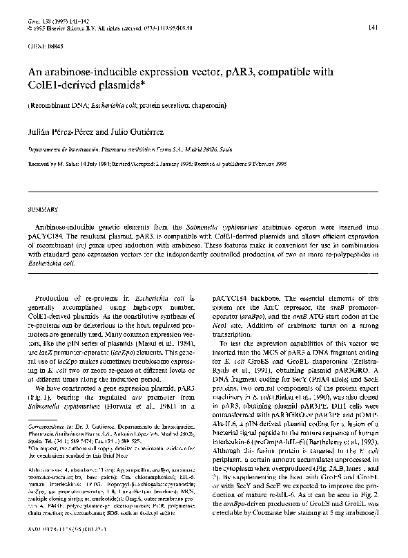 (PDF) An arabinose-inducible expression vector, pAR3, compatible with ...
