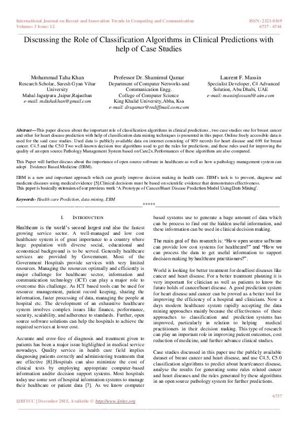 (PDF) Discussing the Role of Classification Algorithms in Clinical ...