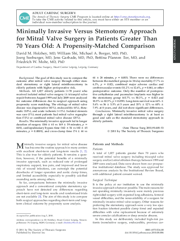 Pdf Minimally Invasive Versus Sternotomy Approach For Mitral Valve Surgery In Patients Greater