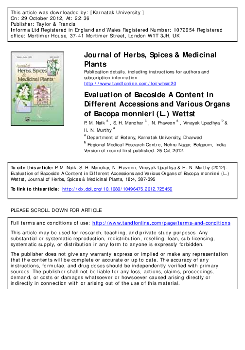 (PDF) Evaluation of Bacoside A Content in Different Accessions and Various Organs of Bacopa ...