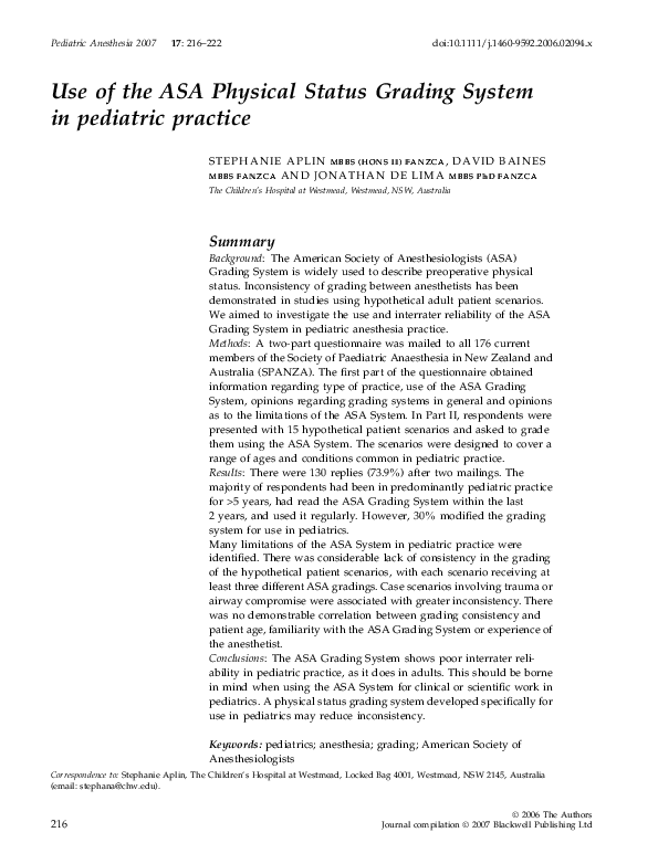 (PDF) Use of the ASA Physical Status Grading System in pediatric practice