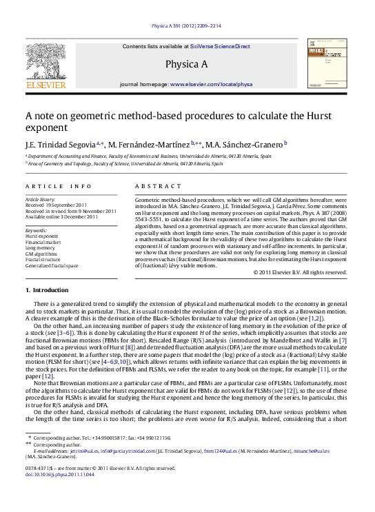 (PDF) A note on geometric method-based procedures to calculate the Hurst exponent