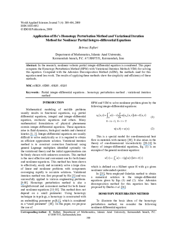 (PDF) Application of He's homotopy perturbation method to nonlinear integro-differential equations