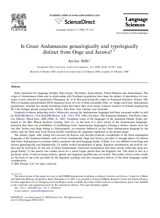(PDF) Is Great Andamanese genealogically and typologically distinct ...