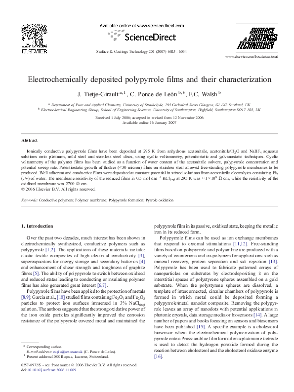 (PDF) Electrochemically deposited polypyrrole films and their ...