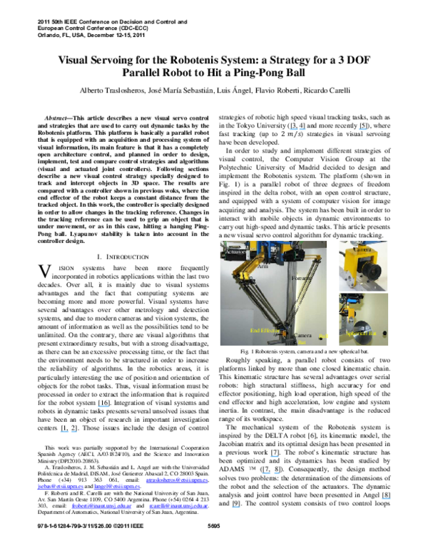 Pdf Visual Servoing For The Robotenis System A Strategy For A 3 Dof Parallel Robot To Hit A