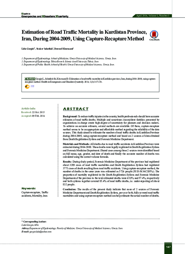 Pdf Estimation Of Road Traffic Mortality In Kurdistan Province Iran During 2004 2009 Using