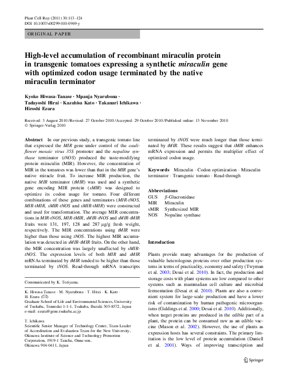 (PDF) High-level accumulation of recombinant miraculin protein in ...