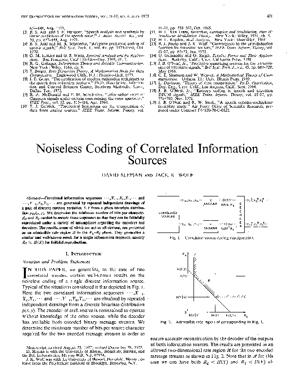 (PDF) Noiseless coding of correlated information sources
