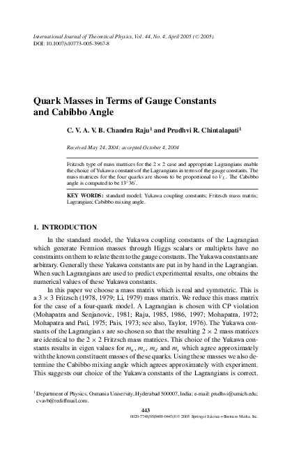 (PDF) Quark Masses in Terms of Gauge Constants and Cabibbo Angle