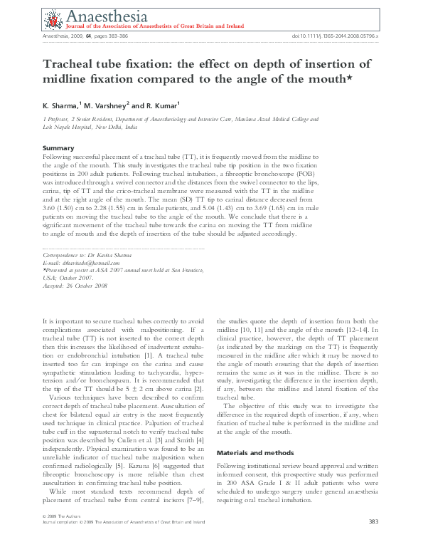 (PDF) Tracheal tube fixation: the effect on depth of insertion of ...