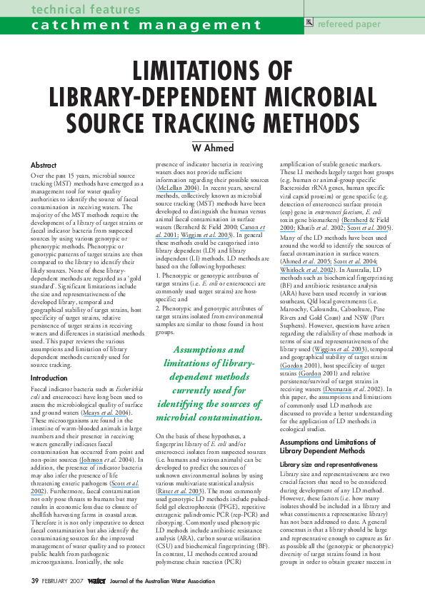 Pdf Limitations Of Library Dependent Microbial Source Tracking Methods