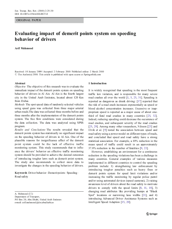 (PDF) Evaluating impact of demerit points system on speeding behavior ...