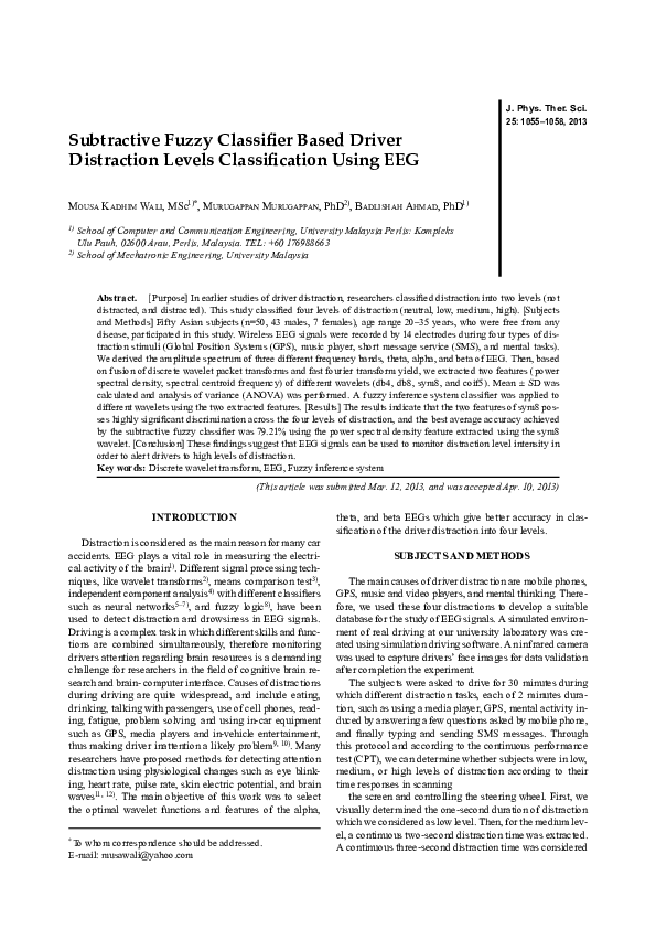 (PDF) Subtractive fuzzy classifier based driver distraction levels classification using EEG