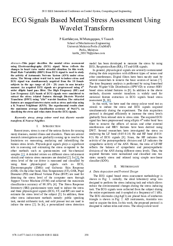 (PDF) ECG signals based mental stress assessment using wavelet transform
