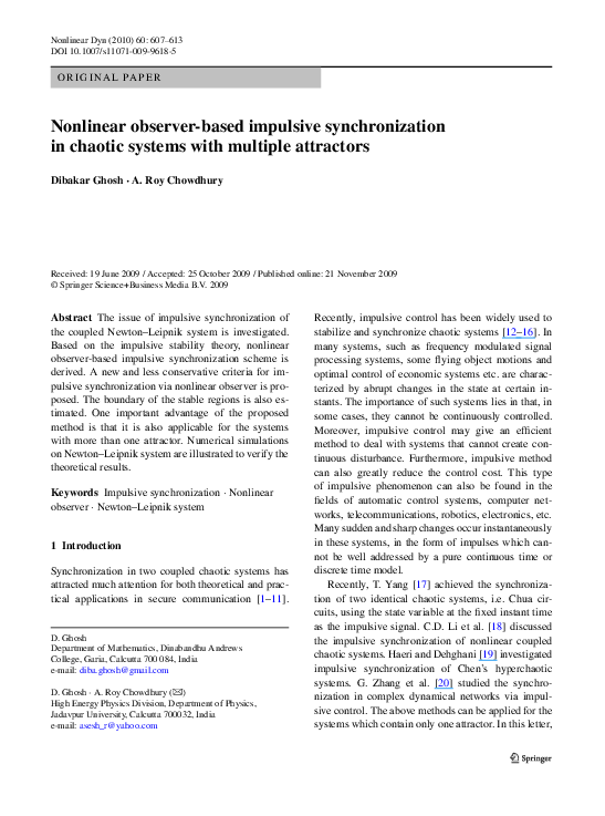 Pdf Nonlinear Observer Based Impulsive Synchronization In Chaotic Systems With Multiple Attractors