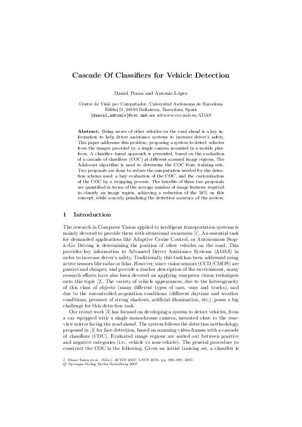 Pdf Cascade Of Classifiers For Vehicle Detection