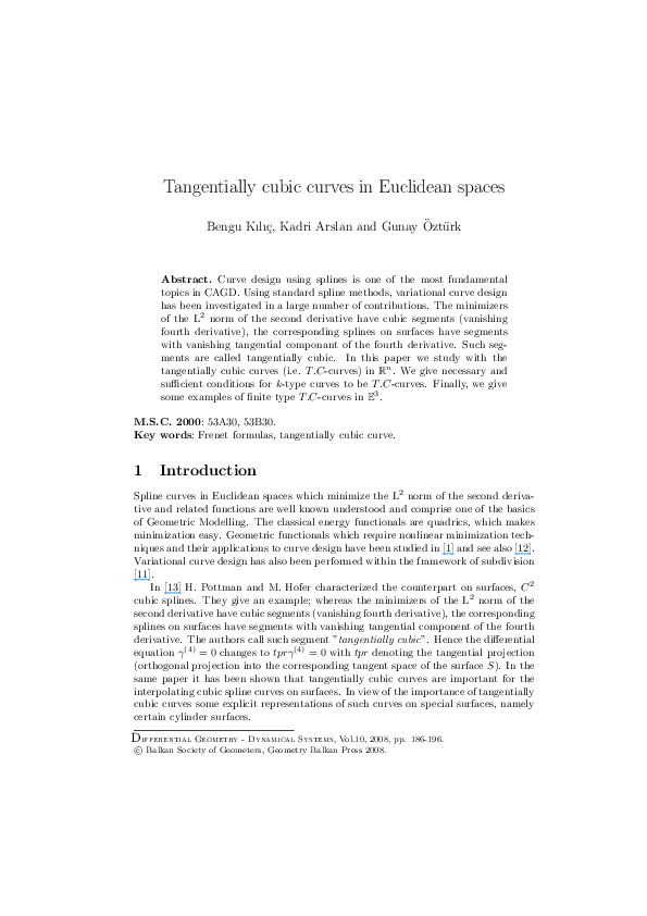 Pdf 2008 Tangentially Cubic Curves In Euclidean Spaces