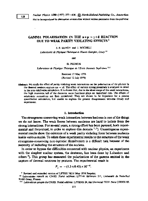 (PDF) Gamma polarisation in the n + p → γ + d reaction due to weak ...