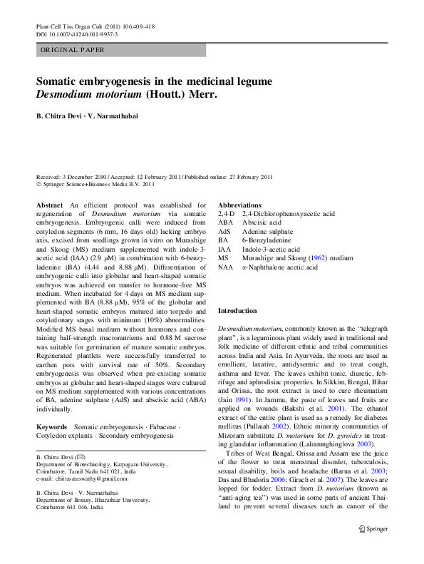 (PDF) Somatic embryogenesis in the medicinal legume Desmodium motorium ...