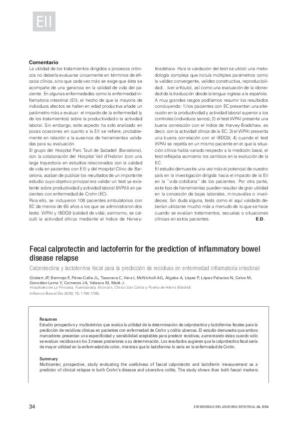 (PDF) Fecal calprotectin and lactoferrin for the prediction of inflammatory bowel disease relapse