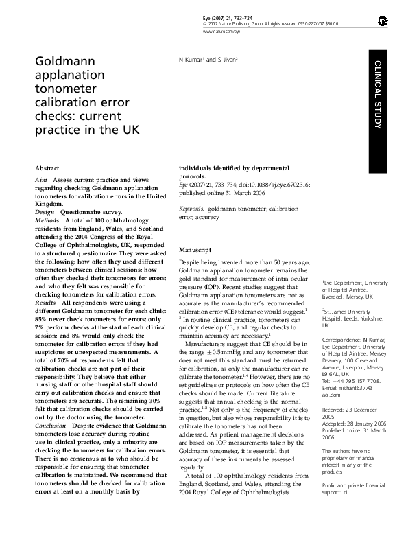 (PDF) Goldmann applanation tonometer calibration error checks: current ...