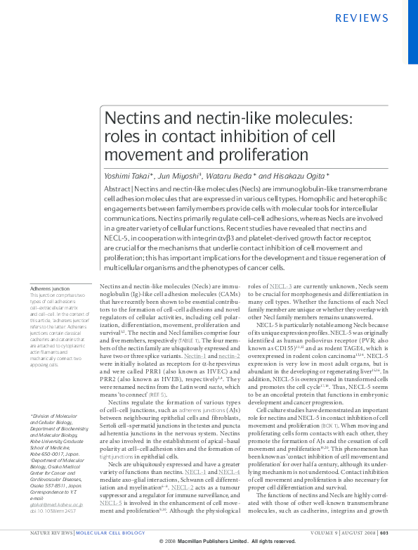 (PDF) Nectins and nectin-like molecules: roles in contact inhibition of ...