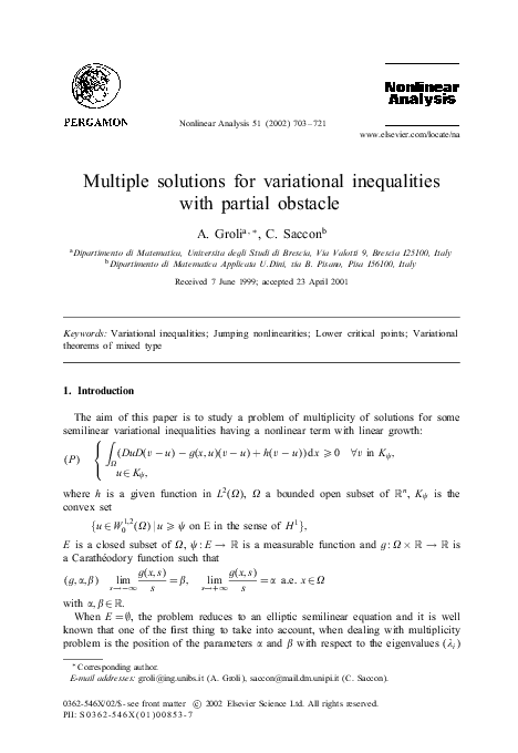 (PDF) Multiple solutions for variational inequalities with partial obstacle
