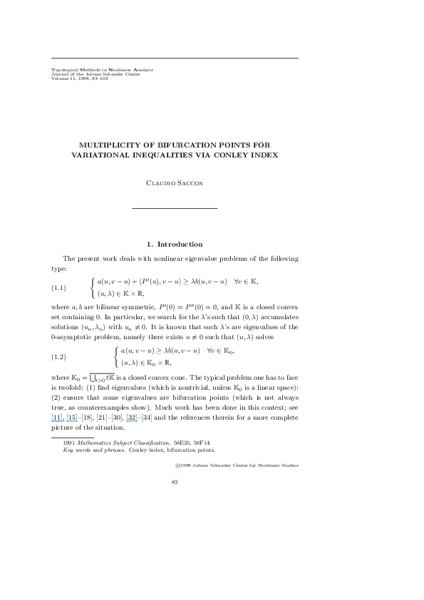 (PDF) Multiplicity of bifurcation points for variational inequalities via Conley Index