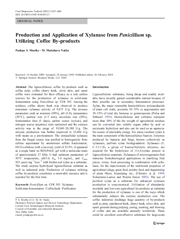 (PDF) Production and Application of Xylanase from Penicillium sp. Utilizing Coffee By-products