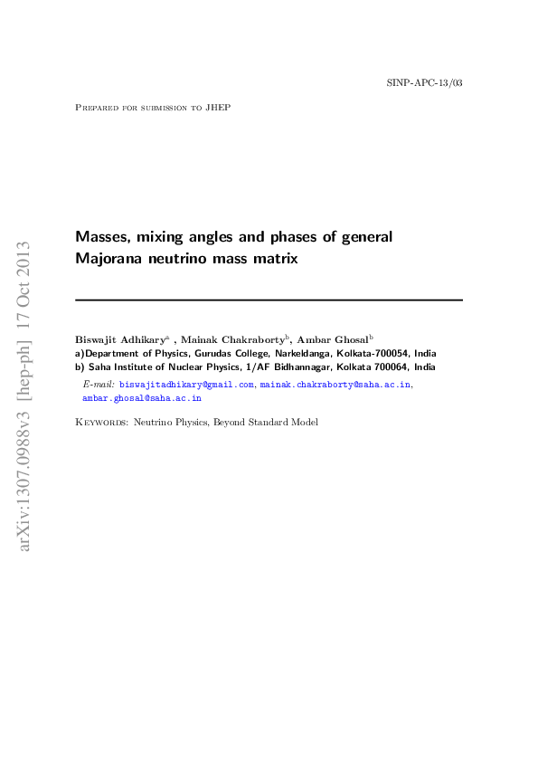 (PDF) Masses, mixing angles and phases of general Majorana neutrino ...