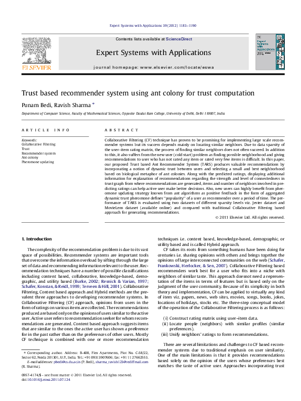 Pdf Trust Based Recommender System Using Ant Colony For Trust Computation