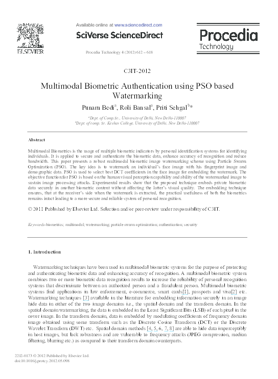 Pdf Multimodal Biometric Authentication Using Pso Based Watermarking