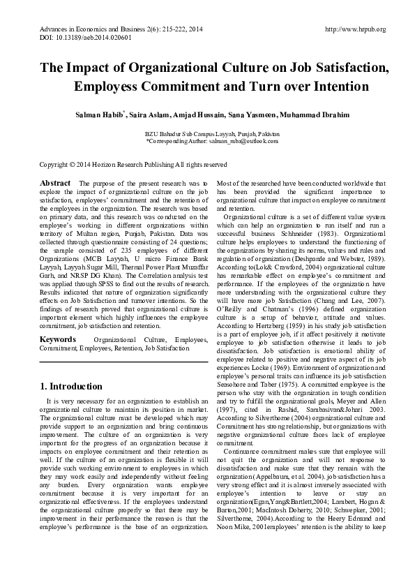 (PDF) The Impact of Organizational Culture on Job Satisfaction ...