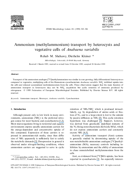 (PDF) Ammonium (methylammonium) transport by heterocysts and vegetative ...
