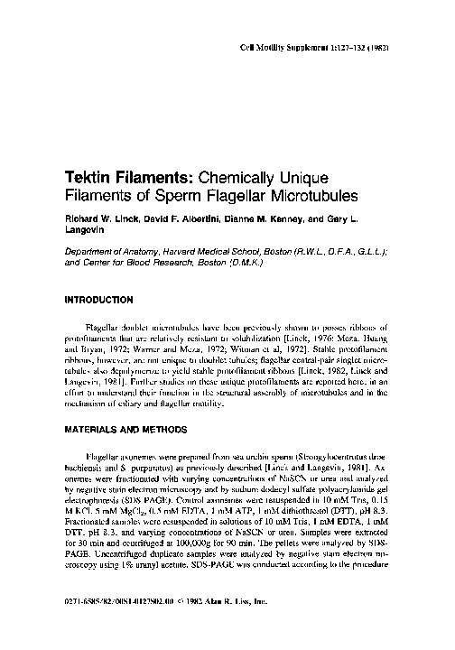 (PDF) Tektin filaments: Chemically unique filaments of sperm flagellar ...