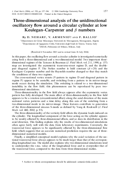 Pdf Three Dimensional Analysis Of The Unidirectional Oscillatory Flow Around A Circular