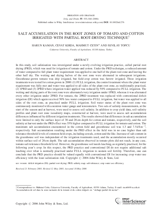 (PDF) Salt accumulation in the root zones of tomato and cotton ...