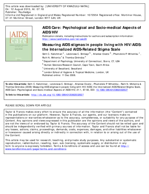 (PDF) Measuring AIDS stigmas in people living with HIV/AIDS: the ...