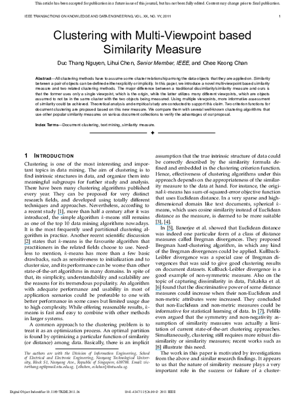 Pdf Clustering With Multiviewpoint Based Similarity Measure
