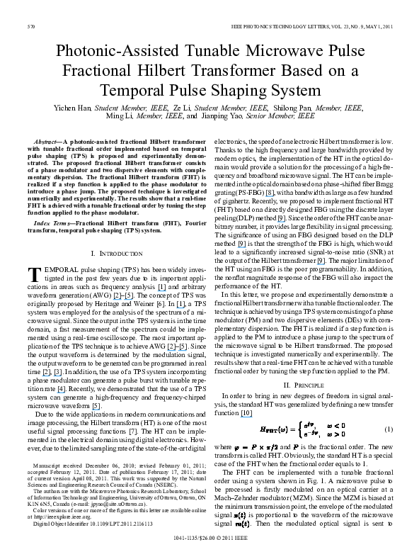 (PDF) Photonic-Assisted Tunable Microwave Pulse Fractional Hilbert Transformer Based on a ...